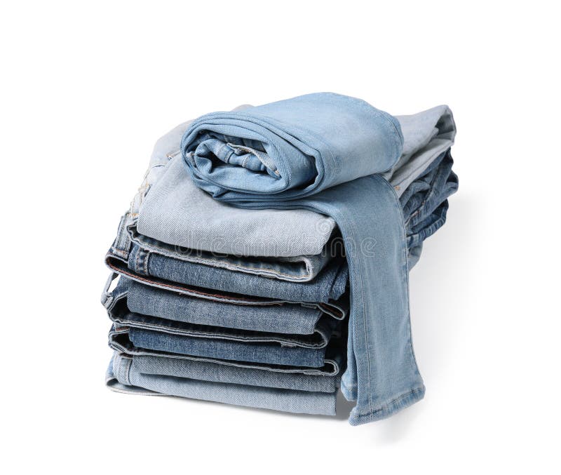Stack of Different Folded Jeans Isolated on White Stock Image - Image ...
