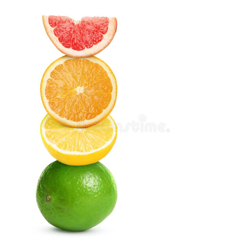 Stack of Different Fresh Citrus Fruits on White Background Stock Photo ...