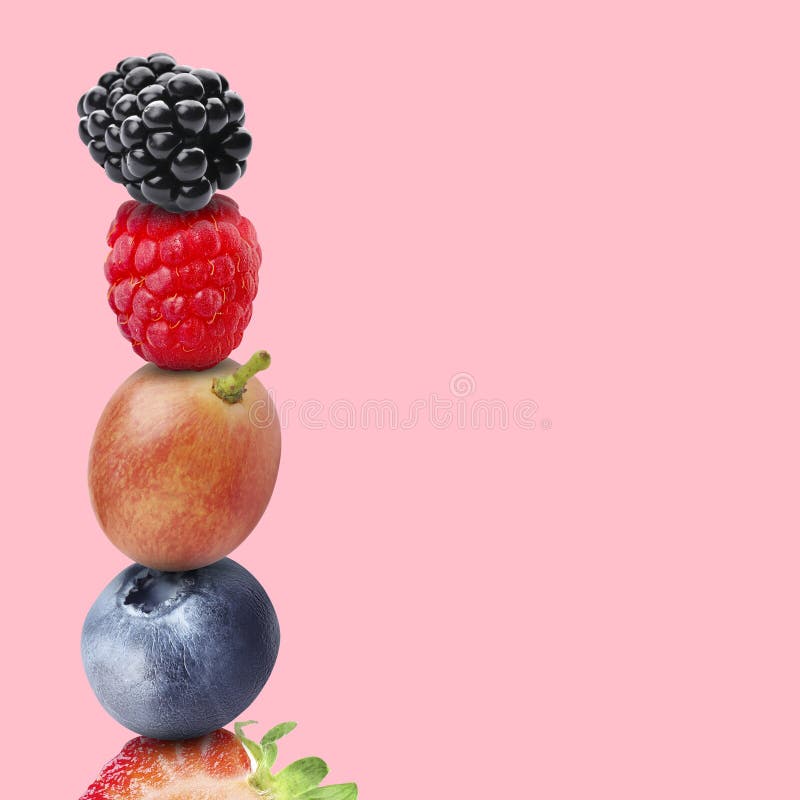 Stack of Different Fresh Tasty Berries on Pink Background, Space for ...