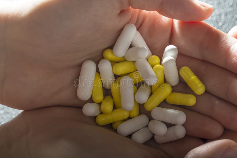 Stack of Different Pills in Both Hands Stock Image - Image of doctor ...