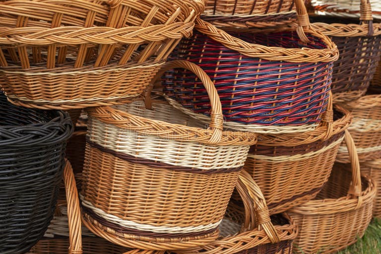 Stack of Different-shaped Wicker Baskets. the Handmade DIY Baskets on ...