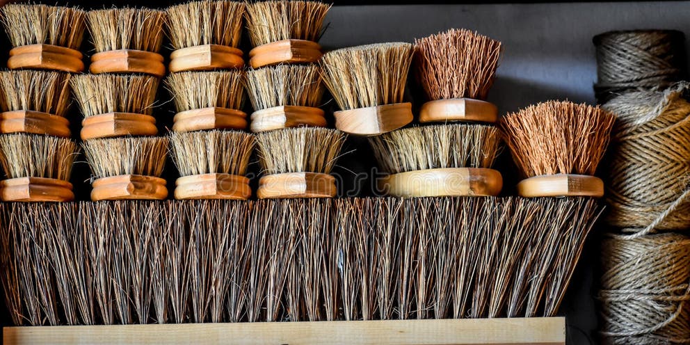 Stack of Wooden Bristle Brushes and Twine Stock Photo - Image of brush ...