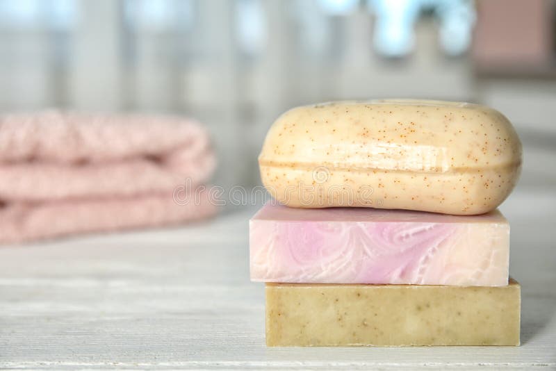 Stack of Different Soap Bars on Table Stock Image - Image of indoors ...