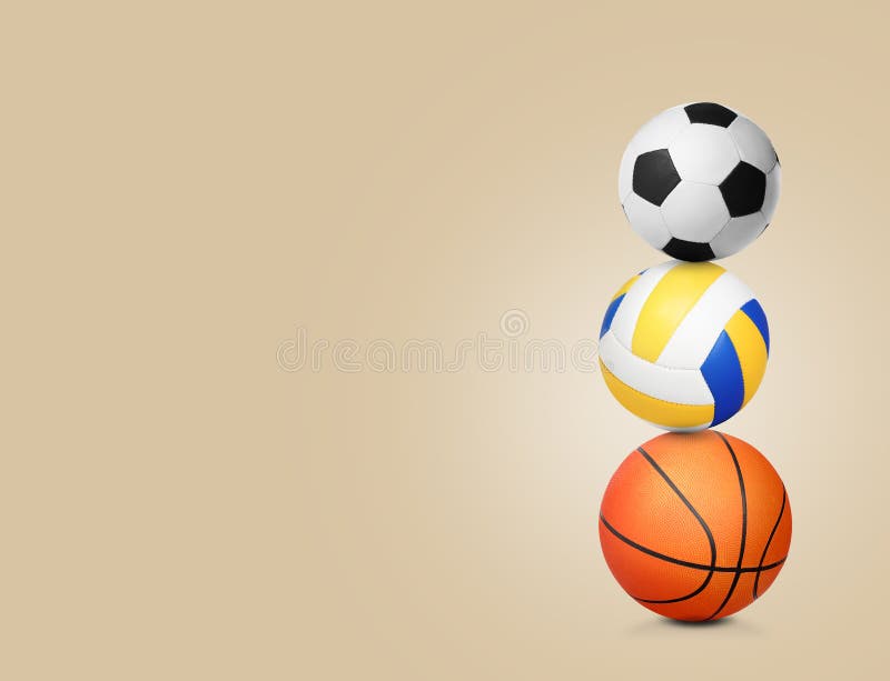 Stack of Different Sport Balls on Beige Background, Space for Text ...
