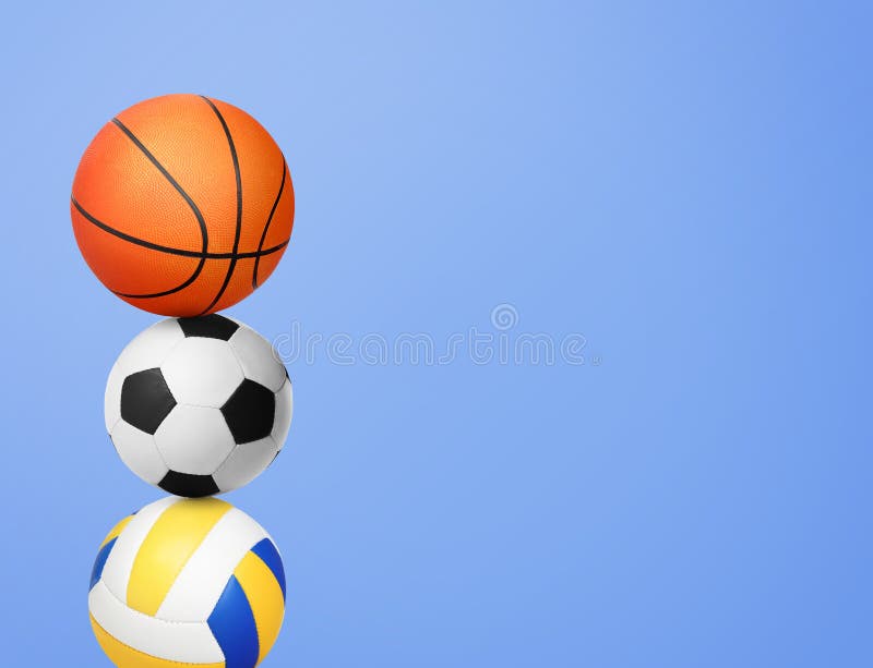 Stack of Different Sport Balls on Pale Blue Background, Space for Text ...