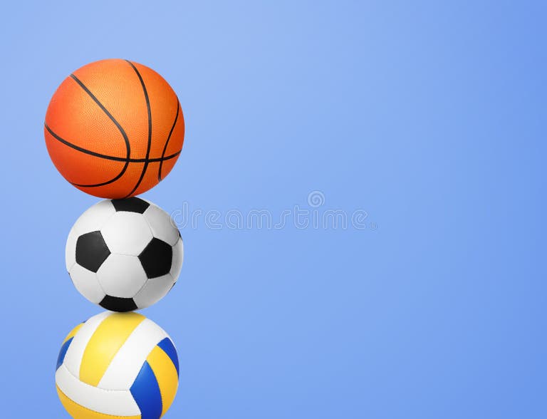 Stack of Different Sport Balls on Pale Blue Background, Space for Text ...