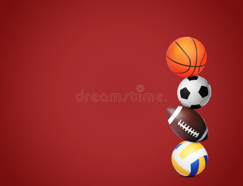 Stack of Different Sport Balls on Red Background, Space for Text Stock ...