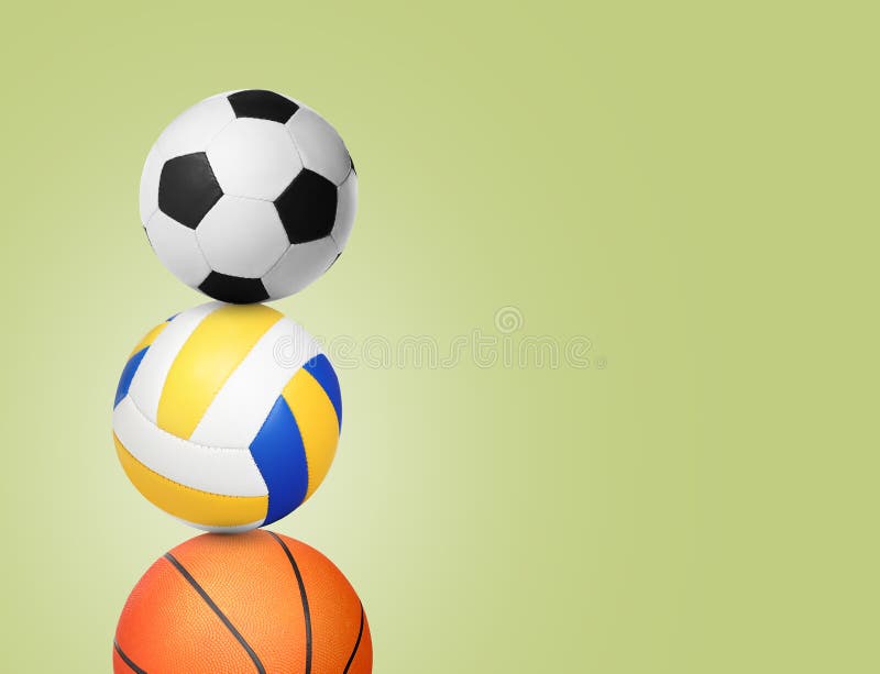 Stack of Different Sport Balls on Yellow Green Background, Space for ...