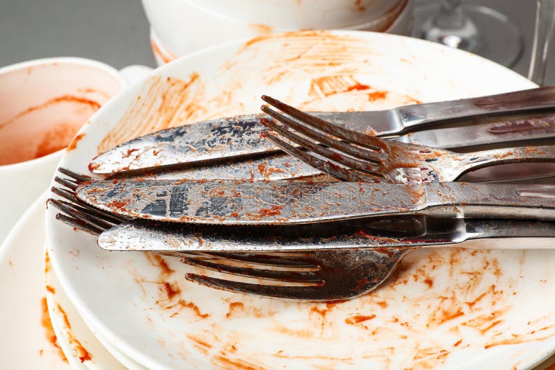 Stack of Dirty Dishes with Cutlery Stock Image - Image of sauce ...