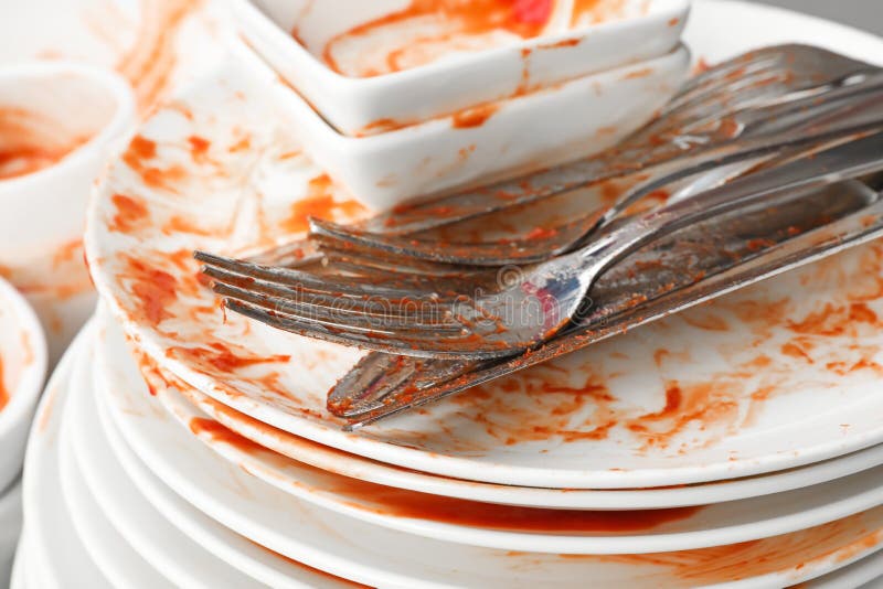 Stack of Dirty Dishes with Cutlery Stock Image - Image of empty, sauce ...