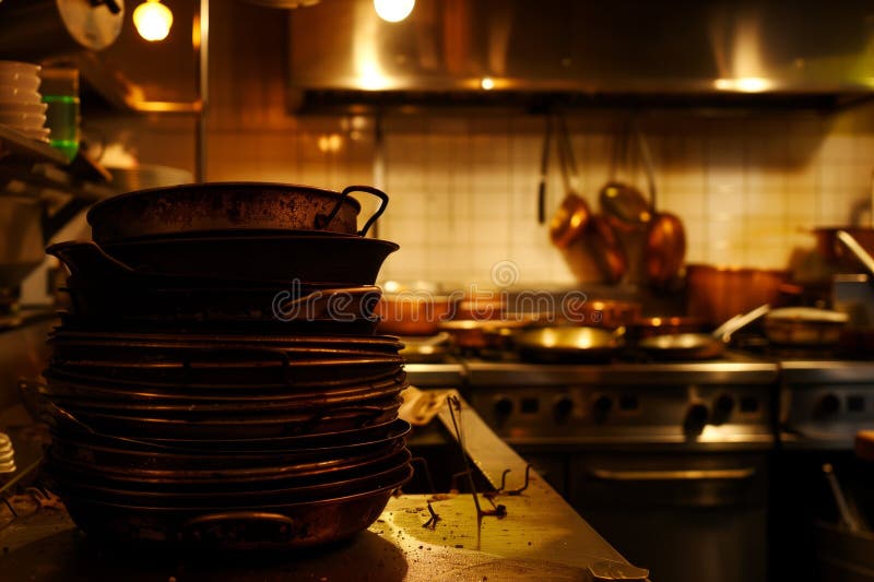 Stack of Dirty Pans and Pots in a Dimly Lit Kitchen Stock Photo - Image ...