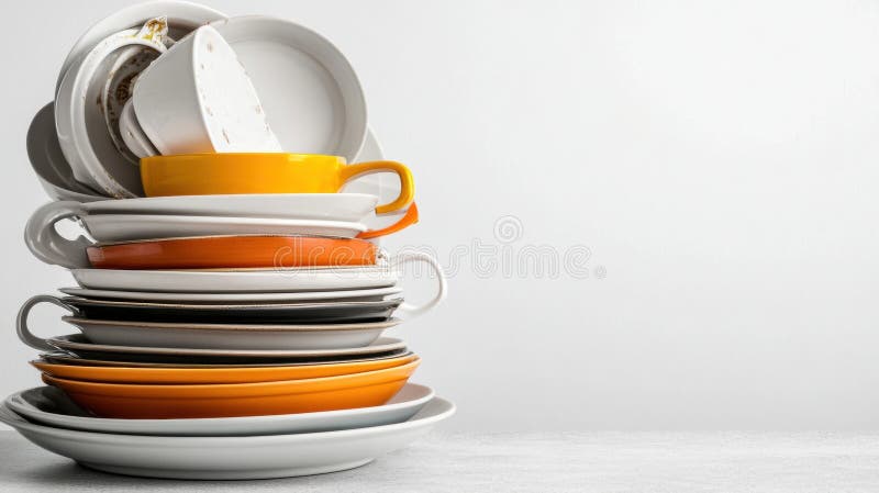 A Stack of Dishes and Cups on a Table with White Background, AI Stock ...