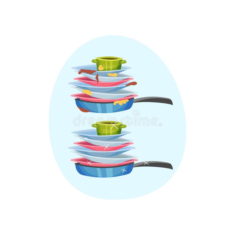 Stack of Dishes in the Pan. Vector Illustration on Blue Oval Shape ...