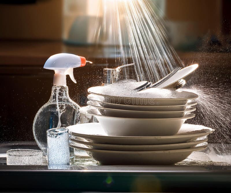 Stack of Dishes and Pouring Water – a Symbol of Cleanliness, Freshness ...