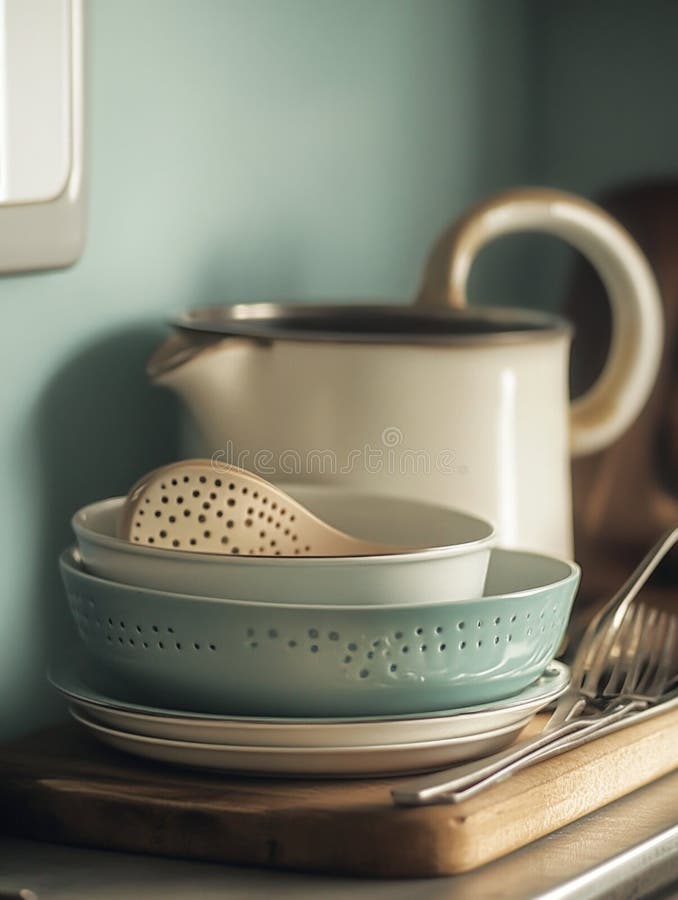 A Stack of Dishes and Utensils on a Kitchen Counter Stock Photo - Image ...