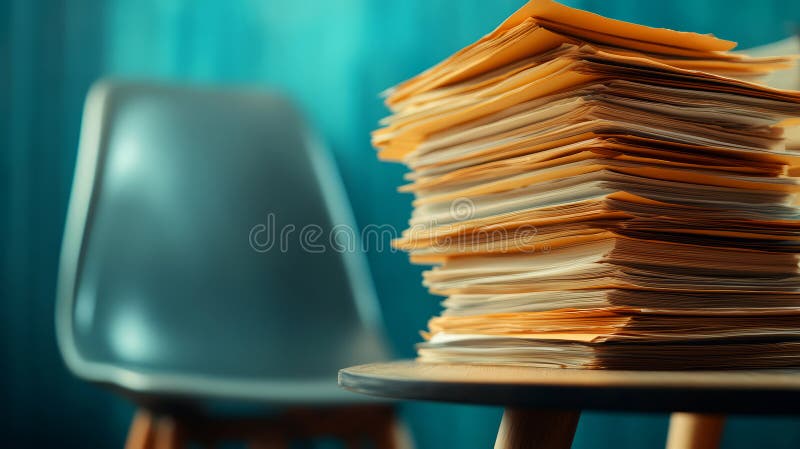 Stack of Disorganized Paperwork on Table with Empty Chair in Background ...