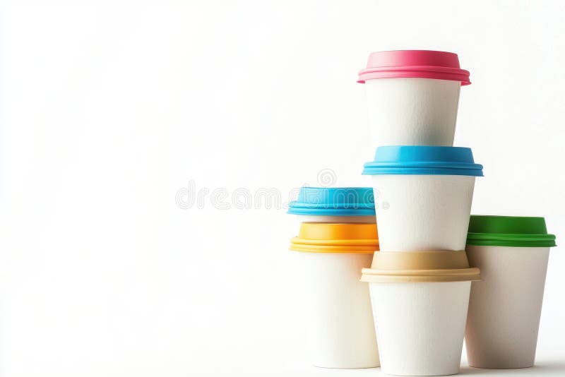 A Stack of Disposable Coffee Cups, Colorful Lids, Eco-friendly and ...