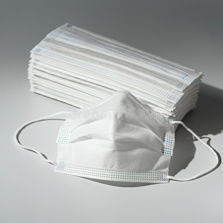 A Stack of Disposable White Surgical Masks and a Single Mask Resting in ...