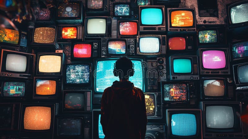 A Stack of Diverse 1970s TVs, All Showing Test Patterns, Against a ...