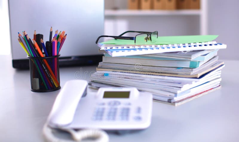 A Stack Of Documentation Is On The Desktop In The Office Stock Image Image Of Keyboard Home