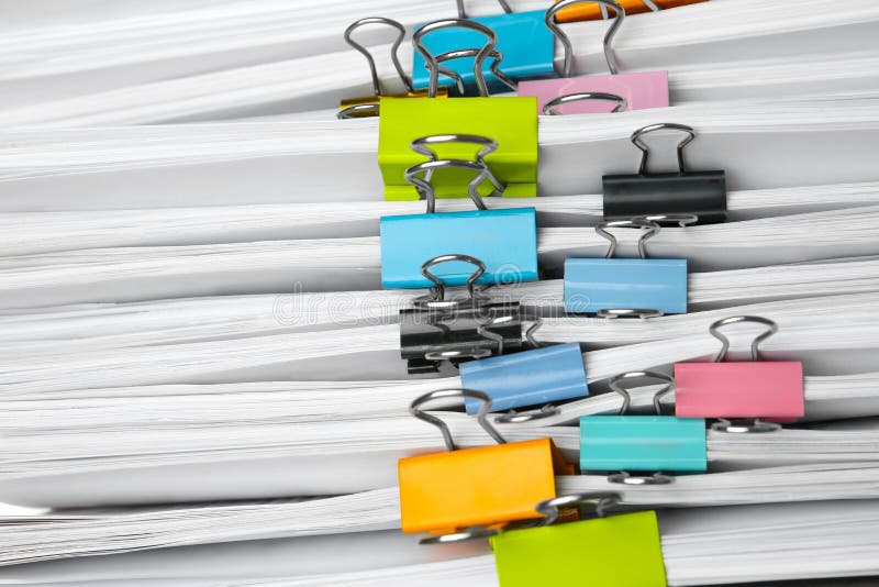 Stack of Documents with Binder Clips, Closeup View Stock Image - Image ...