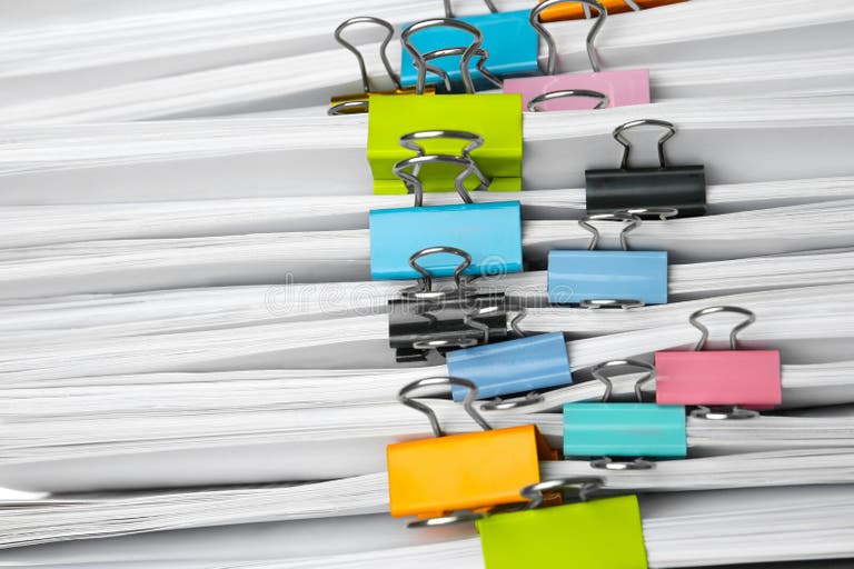Stack of Documents with Binder Clips, Closeup View Stock Image - Image ...