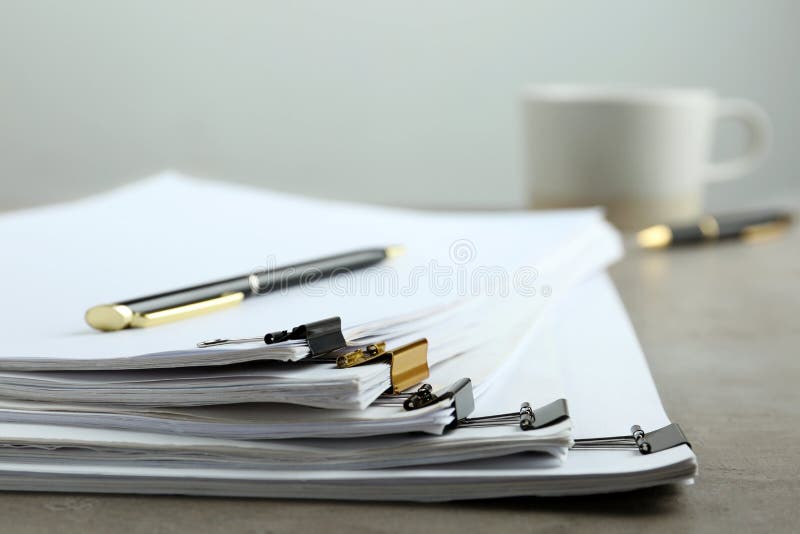 Stack of Documents with Binder Clips, Closeup Stock Photo - Image of ...