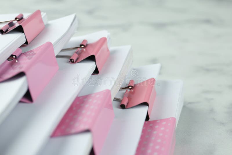 Stack of Documents with Binder Clips on Table, Closeup Stock Photo ...