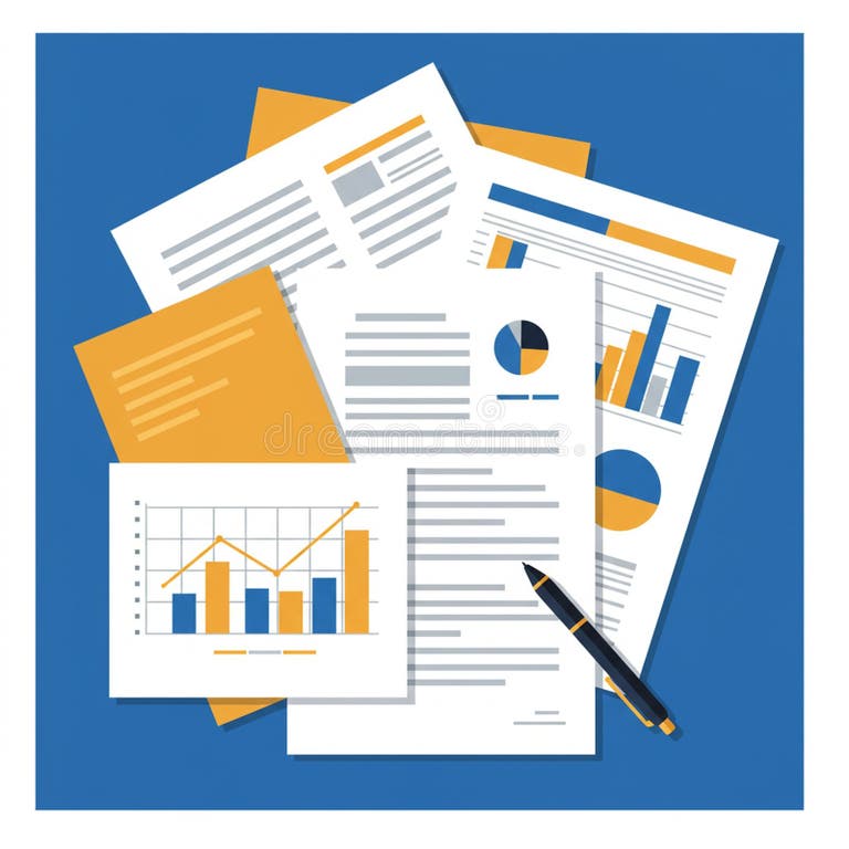 Stack of Documents with Charts and Graphs on a Blue Background. the ...