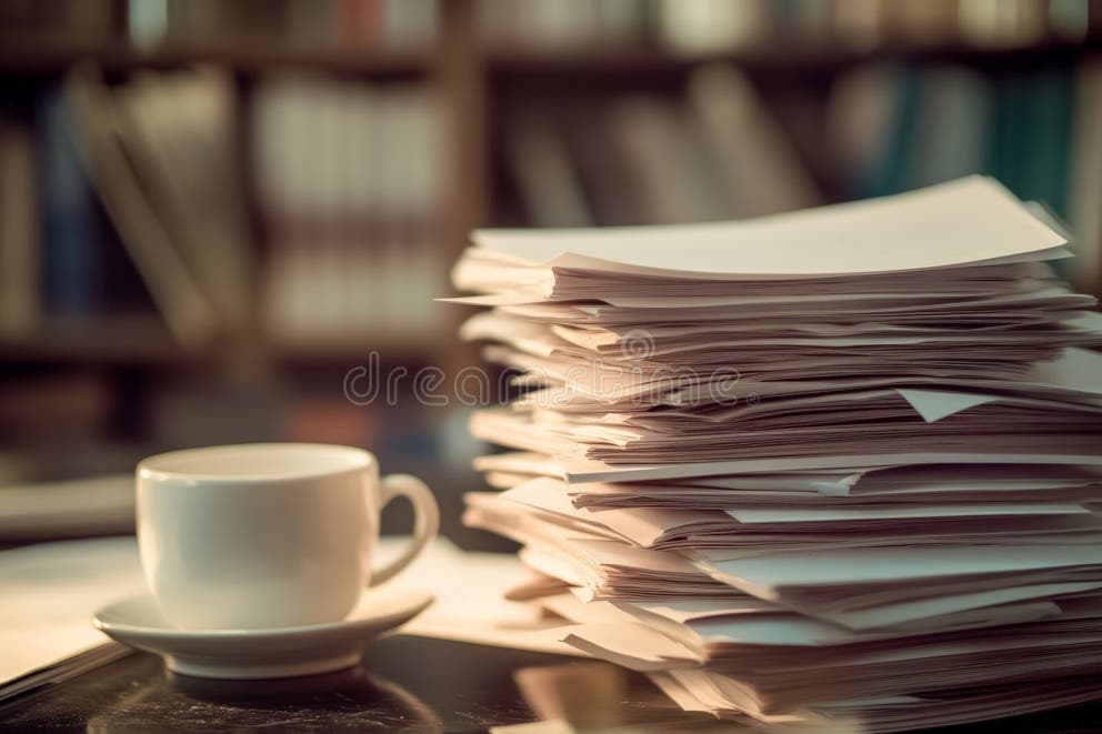 Stack of Documents and Coffee Cup in Cozy Office Setting Stock ...