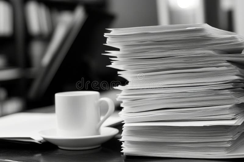 Stack of Documents and Coffee Cup on Desk in Black and White Office ...