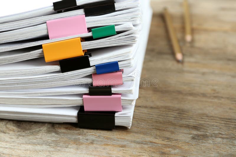 Stack of Documents with Colorful Clips on Wooden Table, Closeup Stock ...