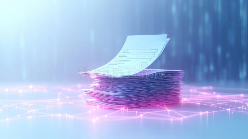 Stack of Documents with Digital Futuristic Tech Design. Quality ...