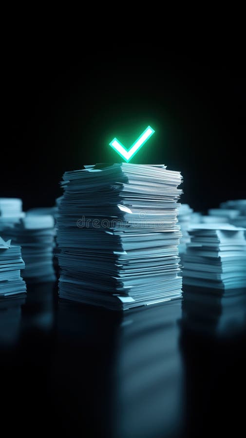 Stack of Documents with Glowing Check Mark Symbolizing Approval Stock ...
