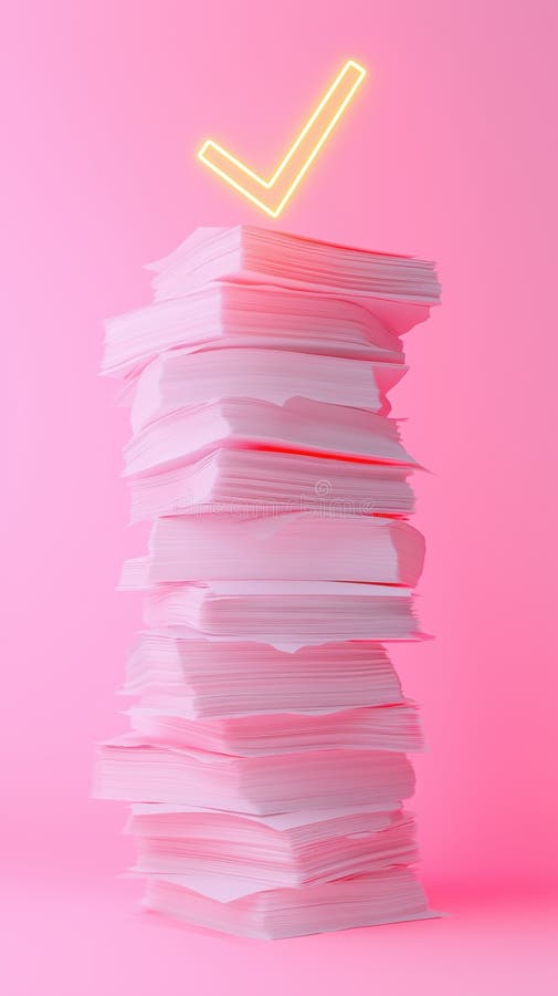 Stack of Documents with Glowing Checkmark on Pink Background Stock ...