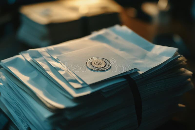Stack of Documents with Metal Badge on Top for Official Paperwork ...