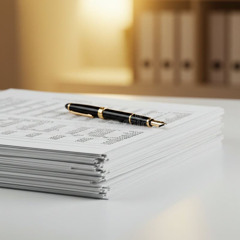 A Stack of Documents is Neatly Arranged on a White Desk Surface. on Top ...