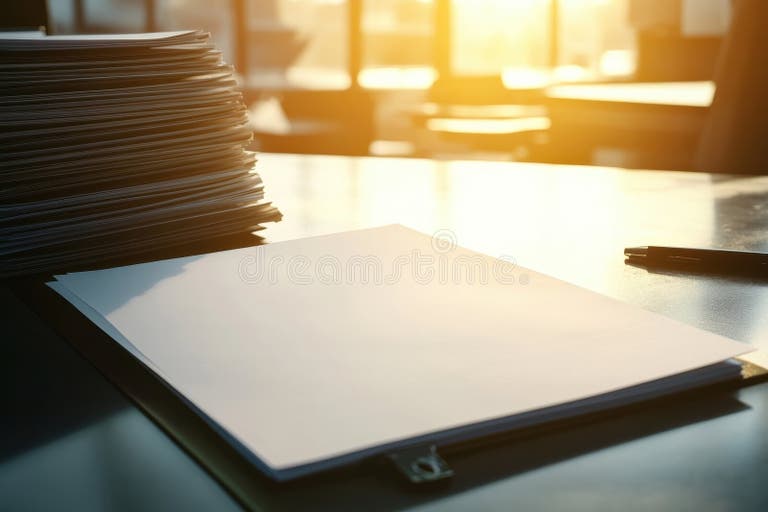 Stack of Documents on Office Desk with Sunlight Illuminating Papers ...
