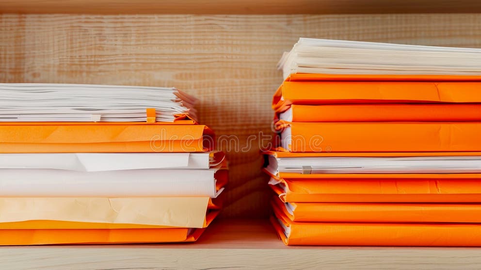Stack of Documents in Orange Folders on a Wooden Shelf. Office ...