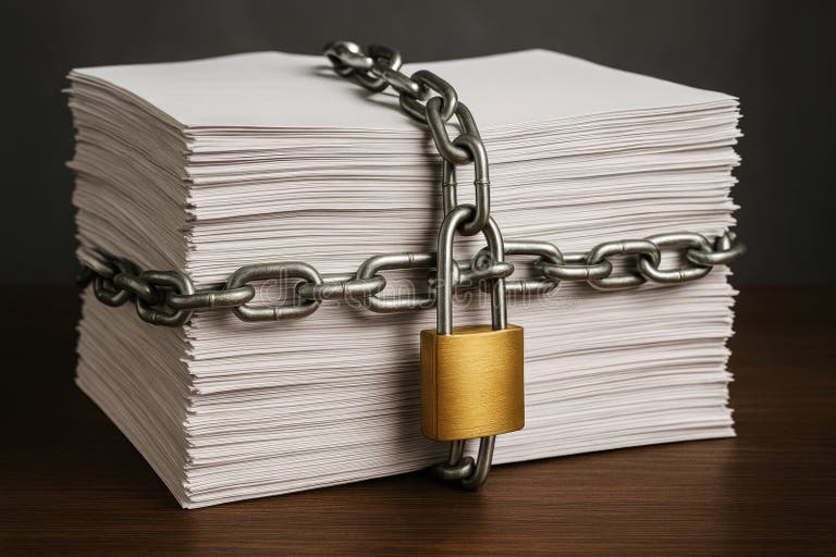 Stack of Documents Secured with Metal Chain and Padlock on Wooden Desk ...