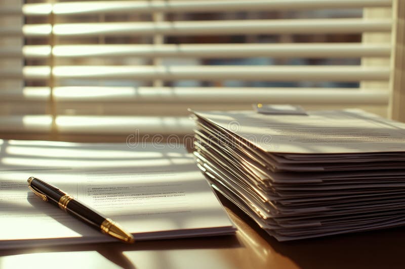 Stack of Documents on Table with Pen and Soft Light through Window ...
