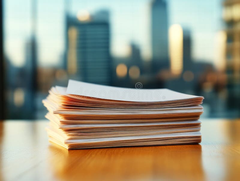 Stack of Documents on Wooden Desk Blurred Cityscape Background ...