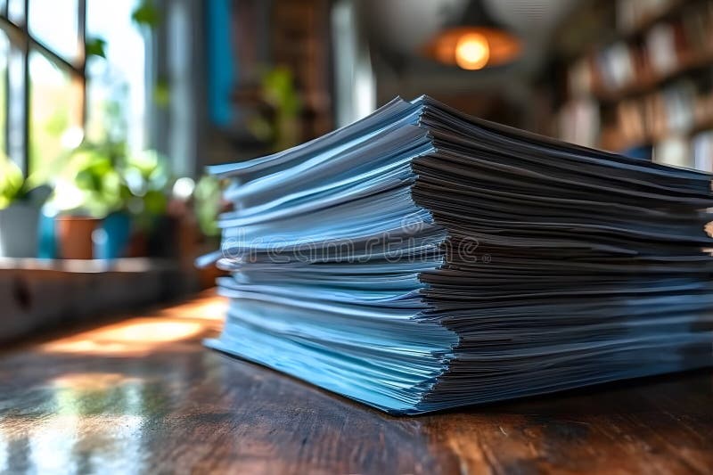 Stack of Documents on Wooden Desk in Rustic Library Setting for Study ...