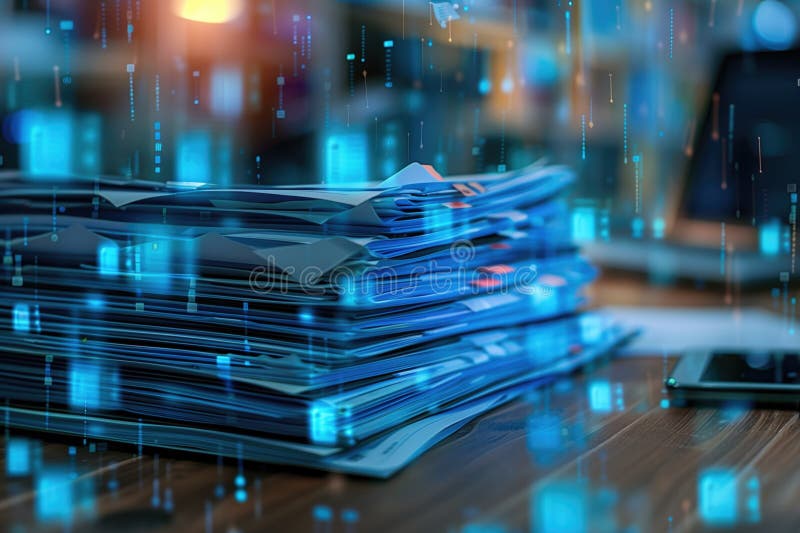 Stack of Documents on a Wooden Desk Surrounded by Digital Data and ...