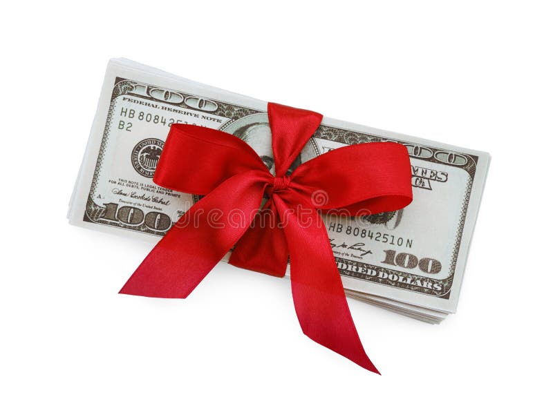 Stack of Dollar Banknotes with Red Ribbon Isolated on White, Top View ...