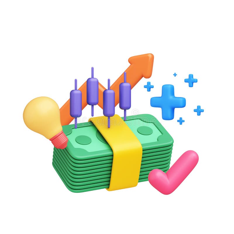 Stack of Dollar Objects with Arrow Graph, Indicator Graph Plus Sign and Light Bulb. Making ...