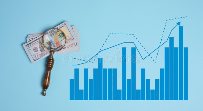 Stack of Dollars and Chart with Growing Indicators on Blue Background ...