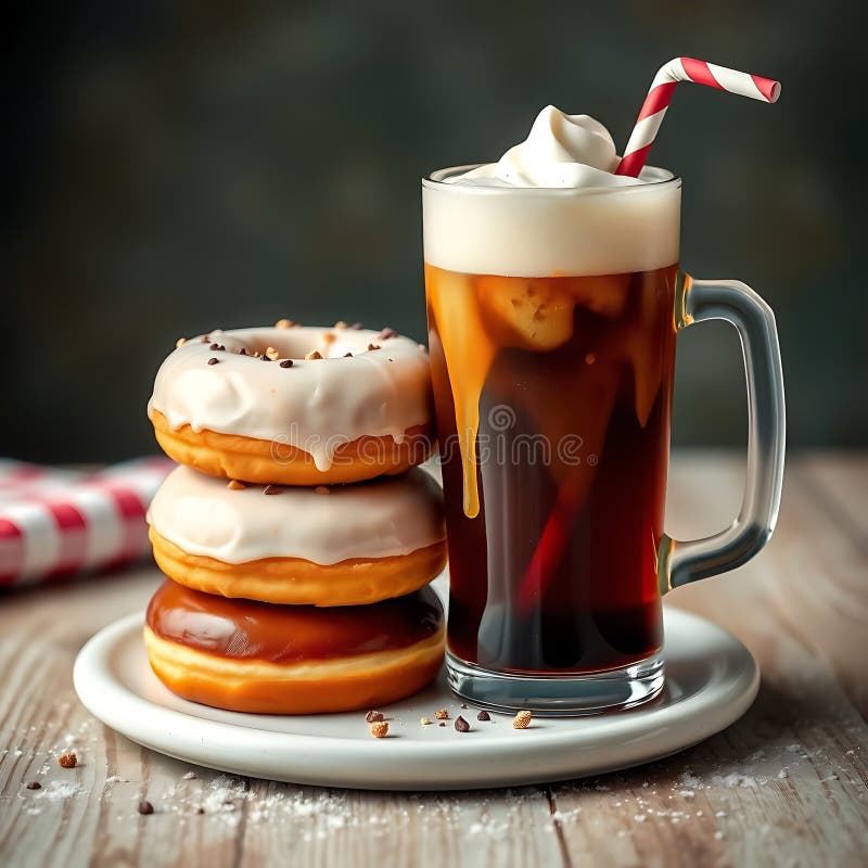 A Stack of Donuts with a Frothy Root Beer Float Stock Illustration ...