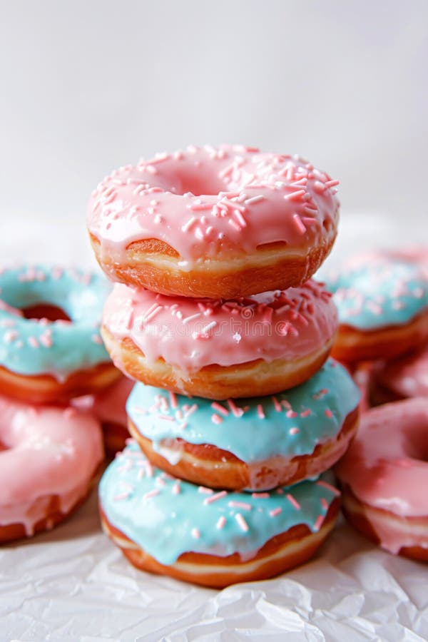 Stack of Donuts with Pastel Pink and Blue Glazing and Sugar Sprinkles ...