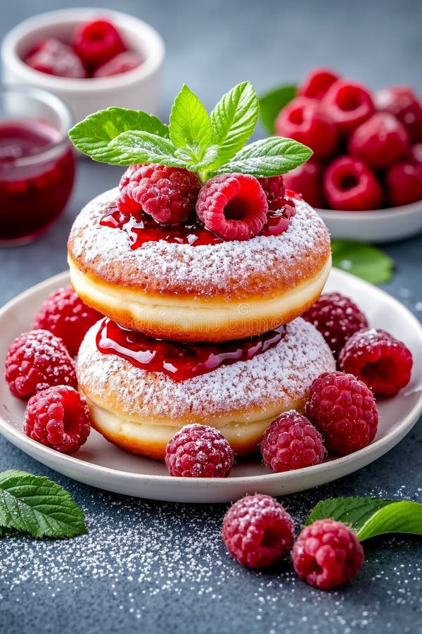 A Stack of Donuts with Raspberries and Powdered Sugar on a Plate Stock ...
